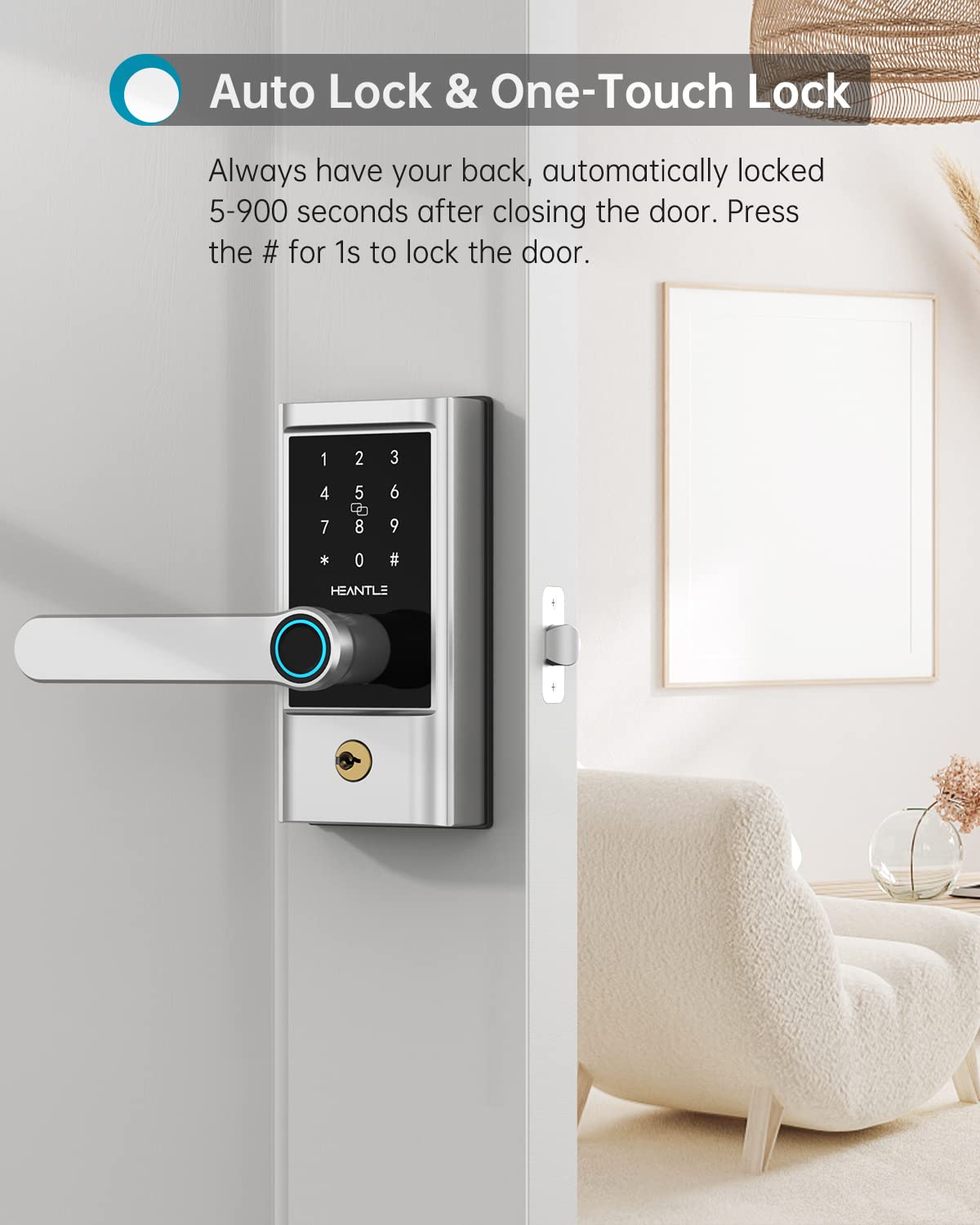 Smart Lock Keyless Entry Door- HEANTLE Fingerprint Bluetooth Electronic Lever Touchscreen Keypad Deadbolt Alternative Digital Handle for Front Door Auto Lock Compatible with Alexa Silver