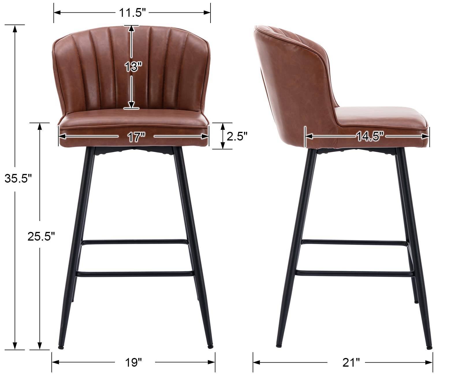 EALSON 26 Inch Counter Height Bar Stools Set of 4 Leather Counter Stools with Back Modern Comfortable Bar Chairs with Metal Footrest Upholstered Kitchen Island Stools for Home Bar Dining Room, Brown