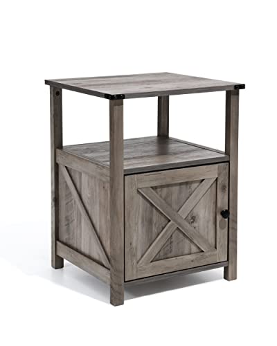 JOINHOM Farmhouse Nightstand Bedroom, End Table with Barn Door and Shelf, Wooden Side Table for Living Room, Office, Bedroom