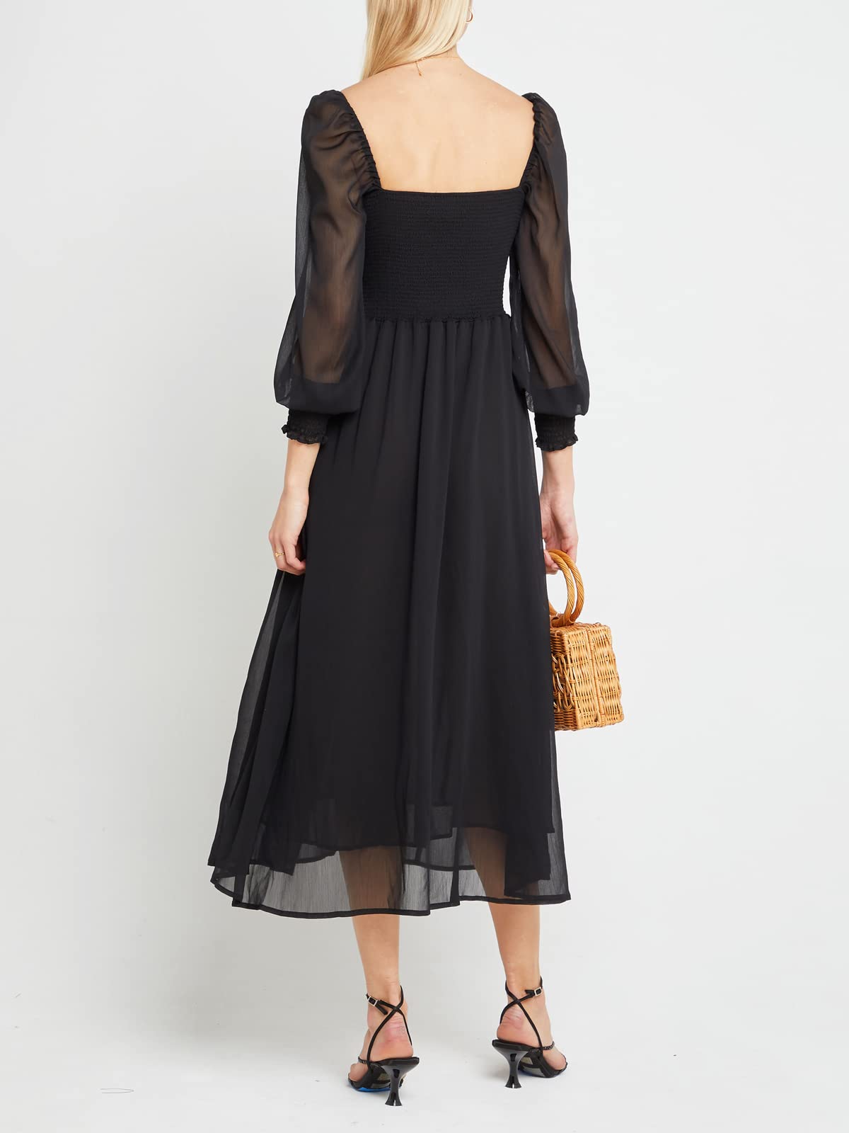 ZAFUL Women Dress Square Neck Off Shoulder Puff Sleeve A Line Smocked Long Sleeve Casual Maxi Black Dress