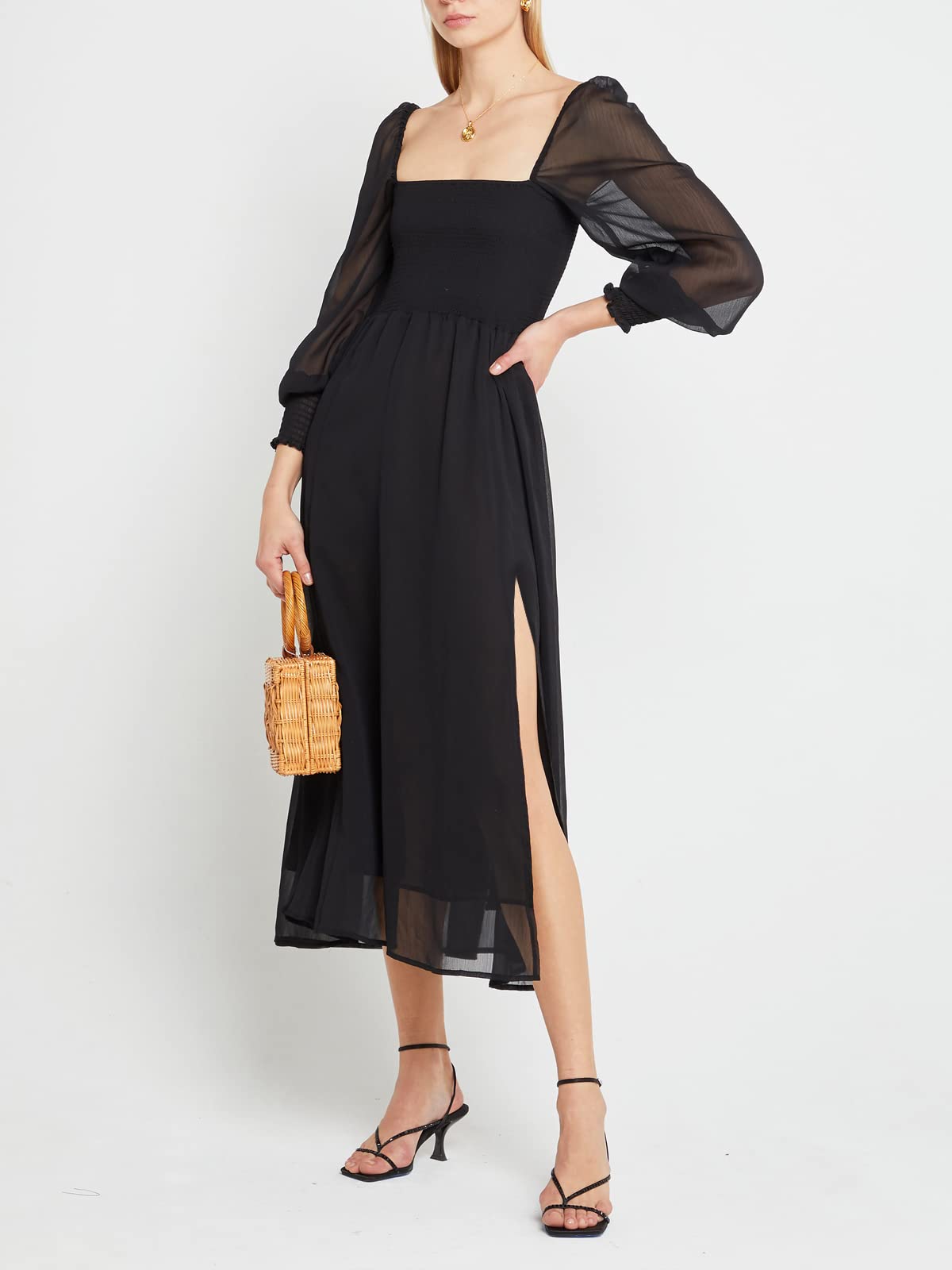 ZAFUL Women Dress Square Neck Off Shoulder Puff Sleeve A Line Smocked Long Sleeve Casual Maxi Black Dress
