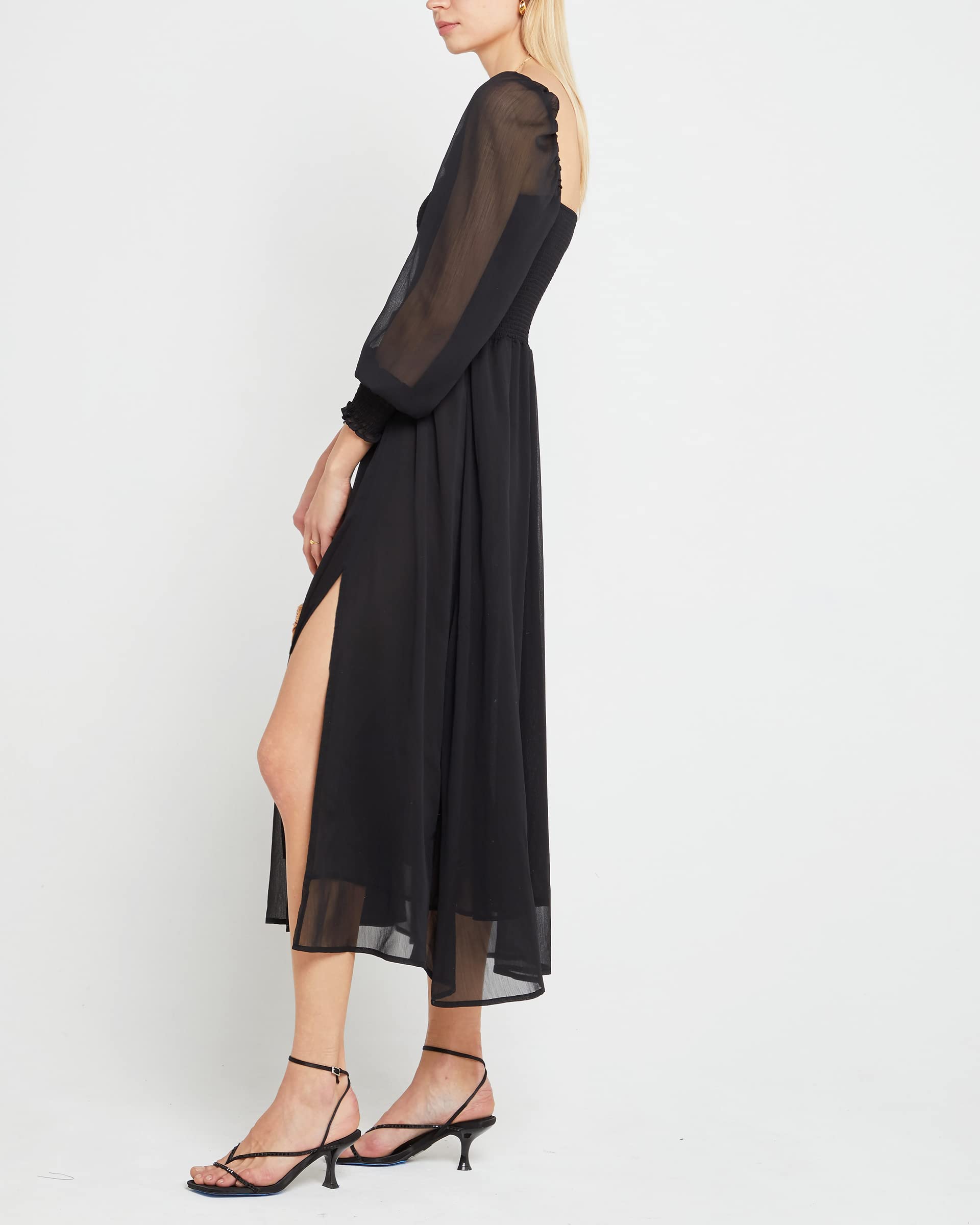 ZAFUL Women Dress Square Neck Off Shoulder Puff Sleeve A Line Smocked Long Sleeve Casual Maxi Black Dress