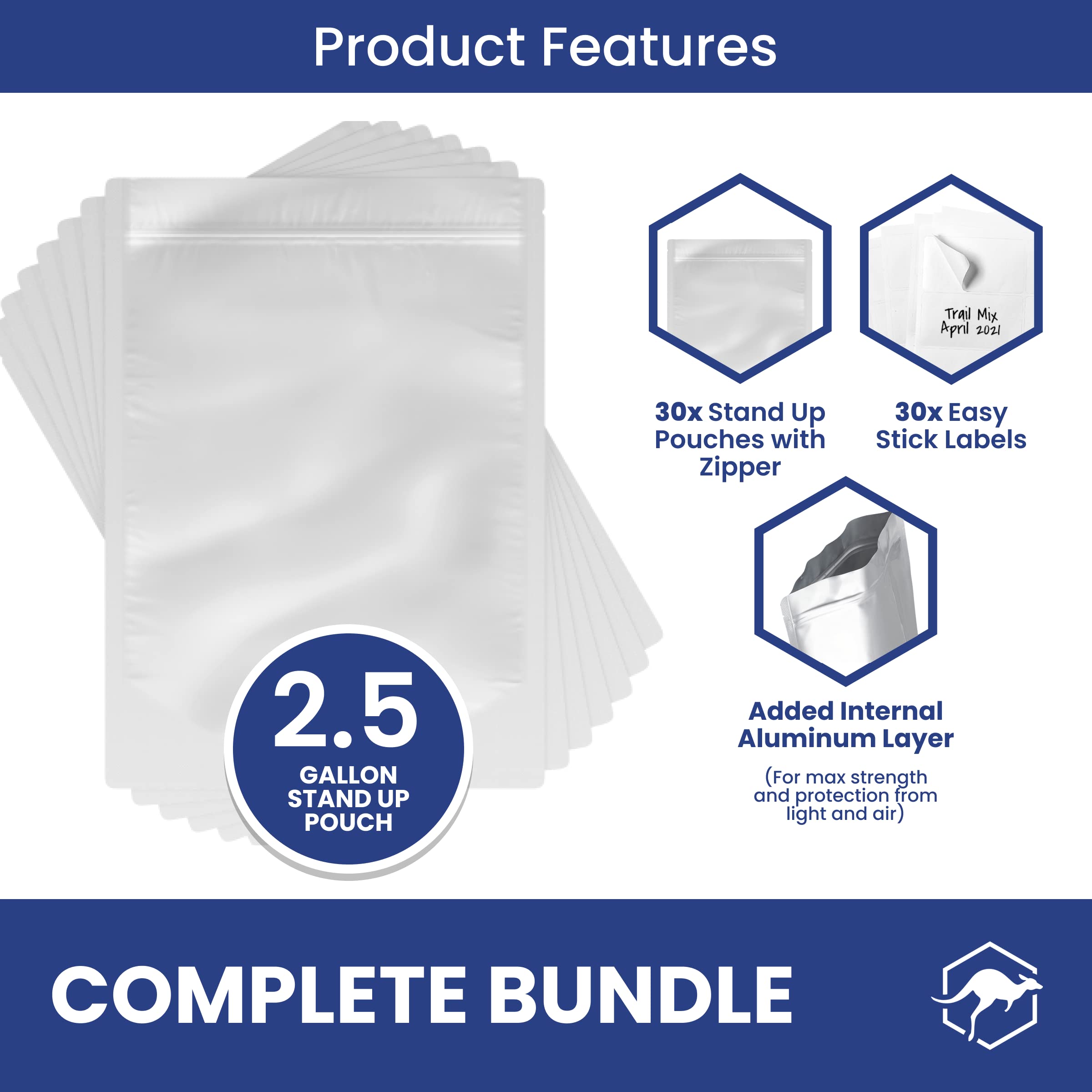 Wallaby 30 Count 2.5-Gallon Gusset Mylar Bags with Labels, 15 Mil Total Thicker Long-Term Food Storage Pouches, 12x18 Stand-Up Zipper Heat-Sealable Airtight Packaging - Silver