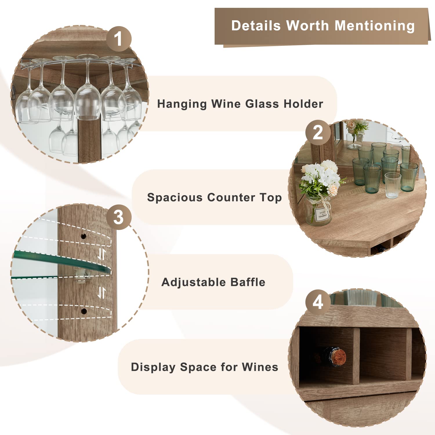 EROMMY Corner Bar, Home Liquor Storage Unit in High Density Board Finish with Built-in Wine Rack and Lower Cabinet, Hanging Stemware Rack, Burlywood