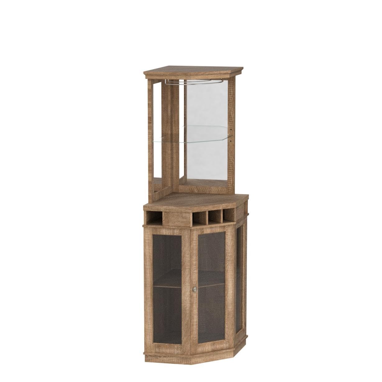 EROMMY Corner Bar, Home Liquor Storage Unit in High Density Board Finish with Built-in Wine Rack and Lower Cabinet, Hanging Stemware Rack, Burlywood