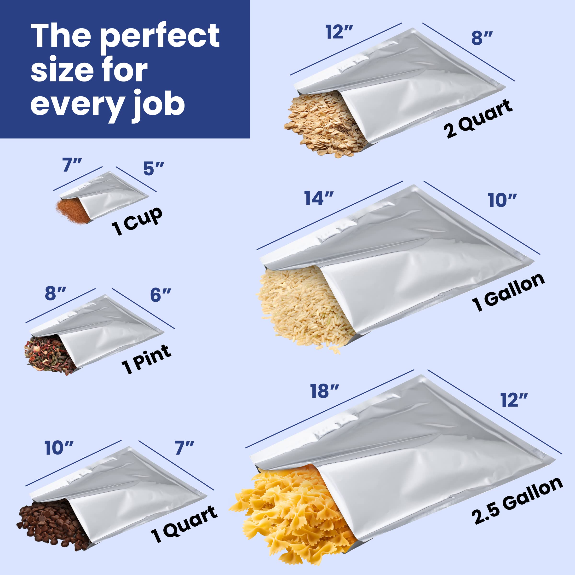 Wallaby 50 Count 1-Cup Mylar Bags with Labels, 10 Mil Total Thicker Long-Term Food Storage Pouches, 5x7 Heat-Sealable Airtight Packaging - Silver
