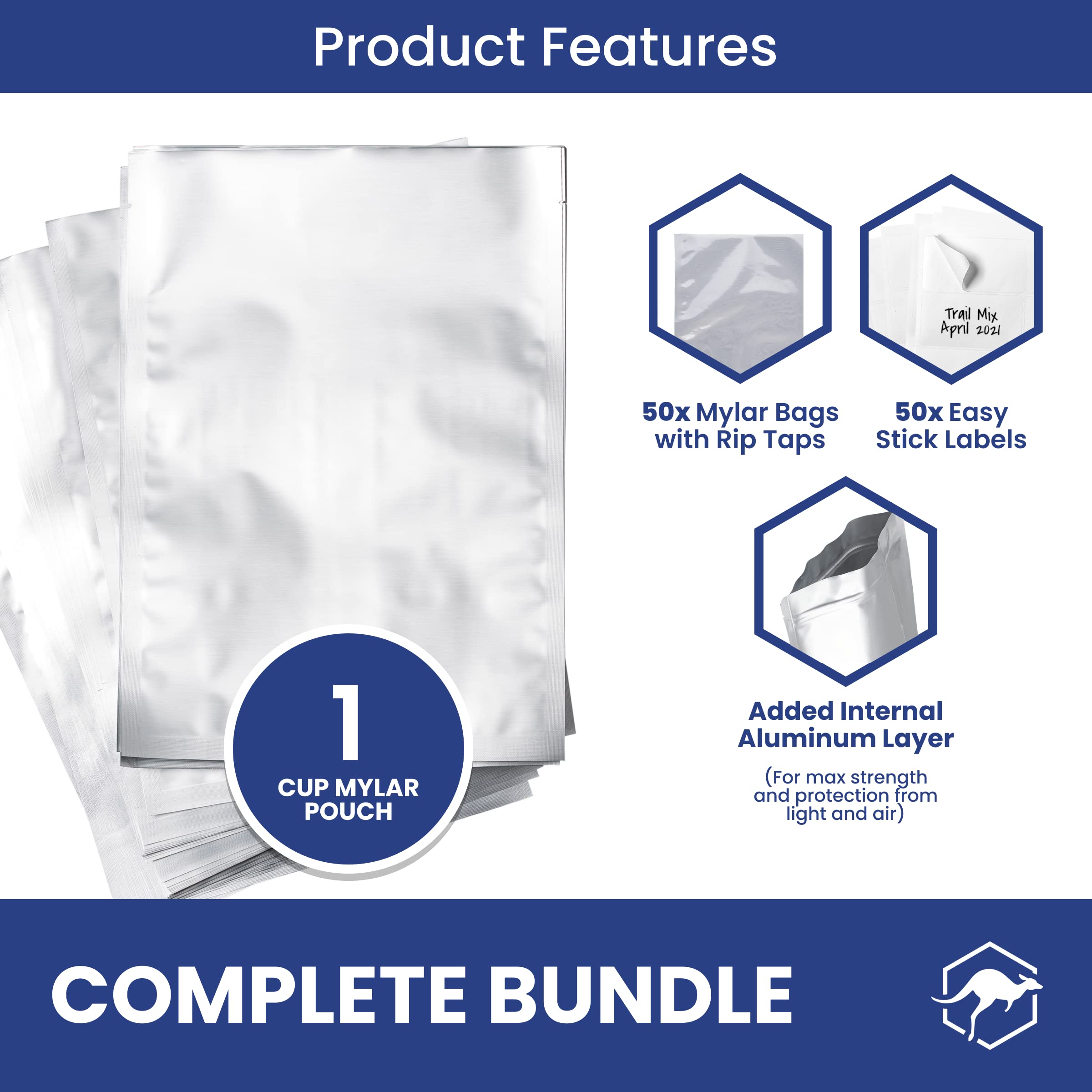 Wallaby 50 Count 1-Cup Mylar Bags with Labels, 10 Mil Total Thicker Long-Term Food Storage Pouches, 5x7 Heat-Sealable Airtight Packaging - Silver
