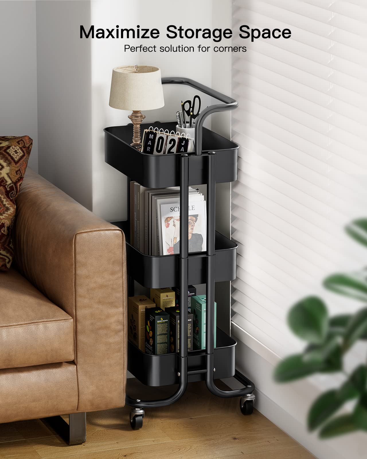 Totnz Rolling Utility Cart, 3-Tier Mesh Organization Cart with Lockable Wheels, Multi-Functional Storage Trolley for Office, Living Room, Kitchen, Laundry, Bathroom Storage, Black (TZUC01B)