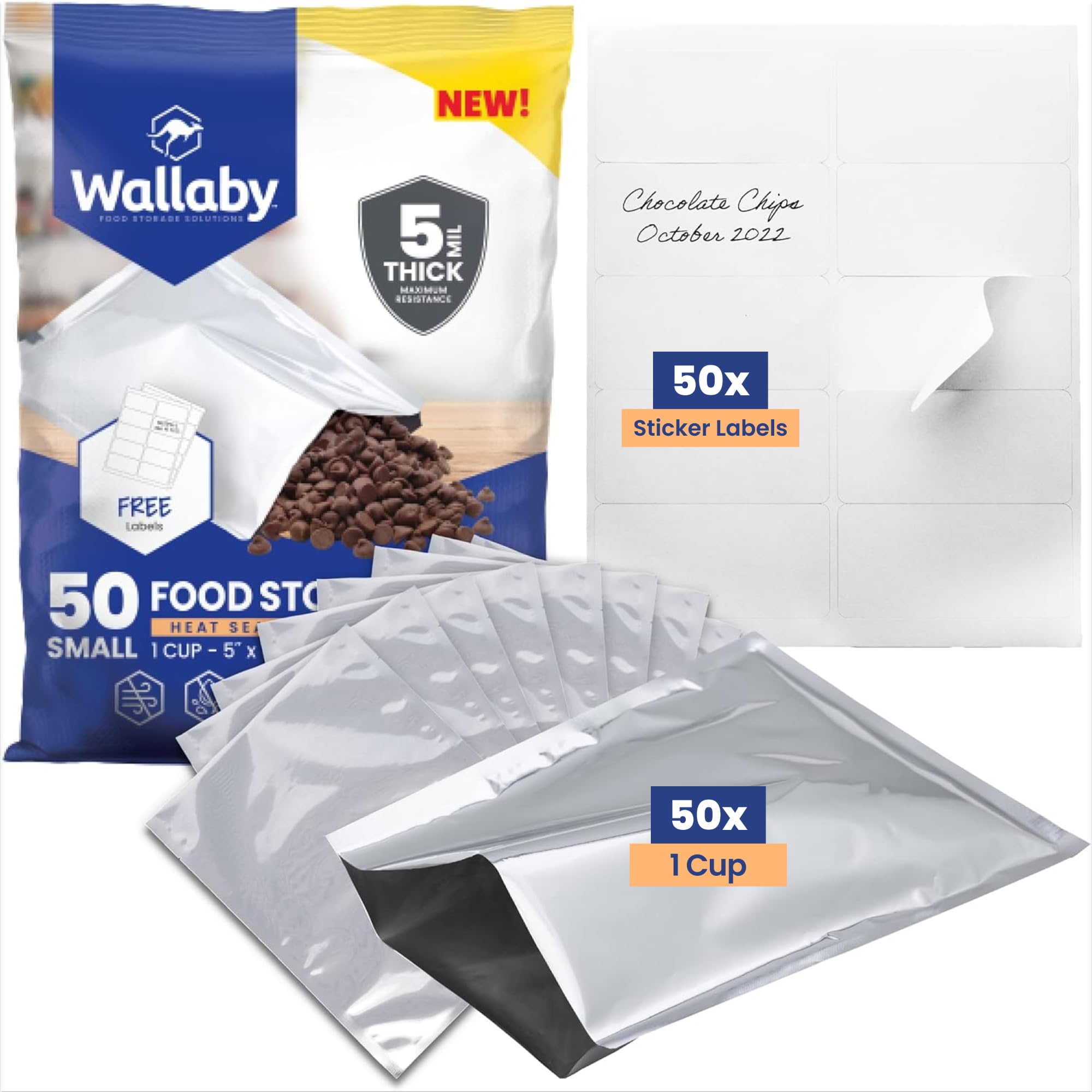 Wallaby 50 Count 1-Cup Mylar Bags with Labels, 10 Mil Total Thicker Long-Term Food Storage Pouches, 5x7 Heat-Sealable Airtight Packaging - Silver