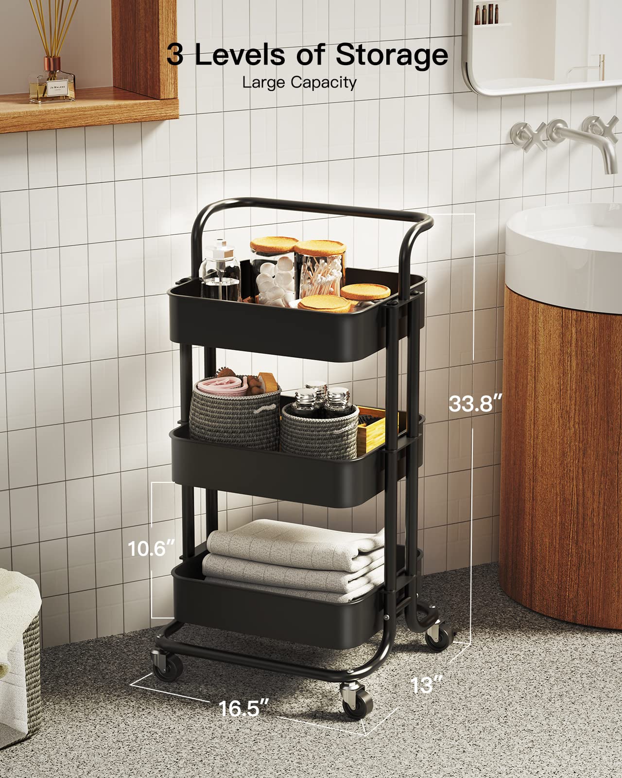 Totnz Rolling Utility Cart, 3-Tier Mesh Organization Cart with Lockable Wheels, Multi-Functional Storage Trolley for Office, Living Room, Kitchen, Laundry, Bathroom Storage, Black (TZUC01B)