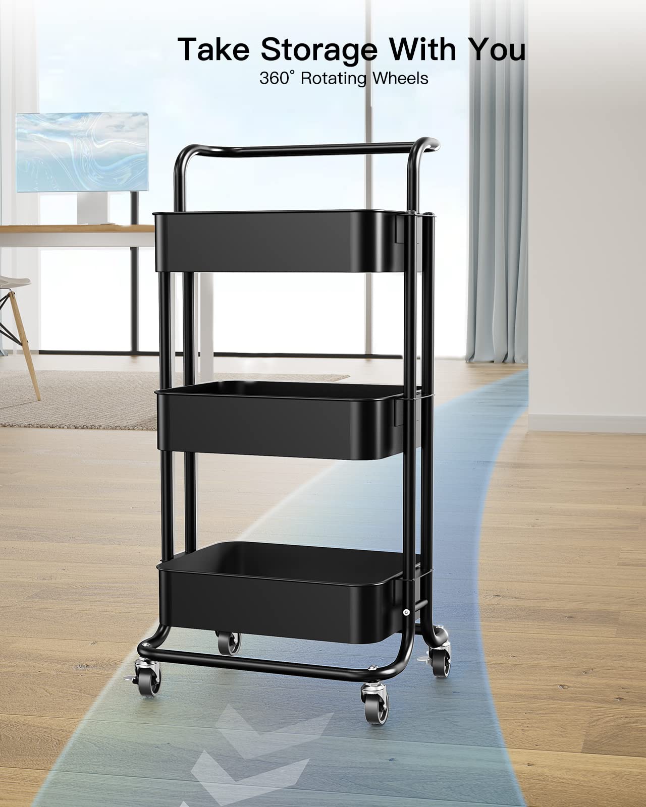 Totnz Rolling Utility Cart, 3-Tier Mesh Organization Cart with Lockable Wheels, Multi-Functional Storage Trolley for Office, Living Room, Kitchen, Laundry, Bathroom Storage, Black (TZUC01B)