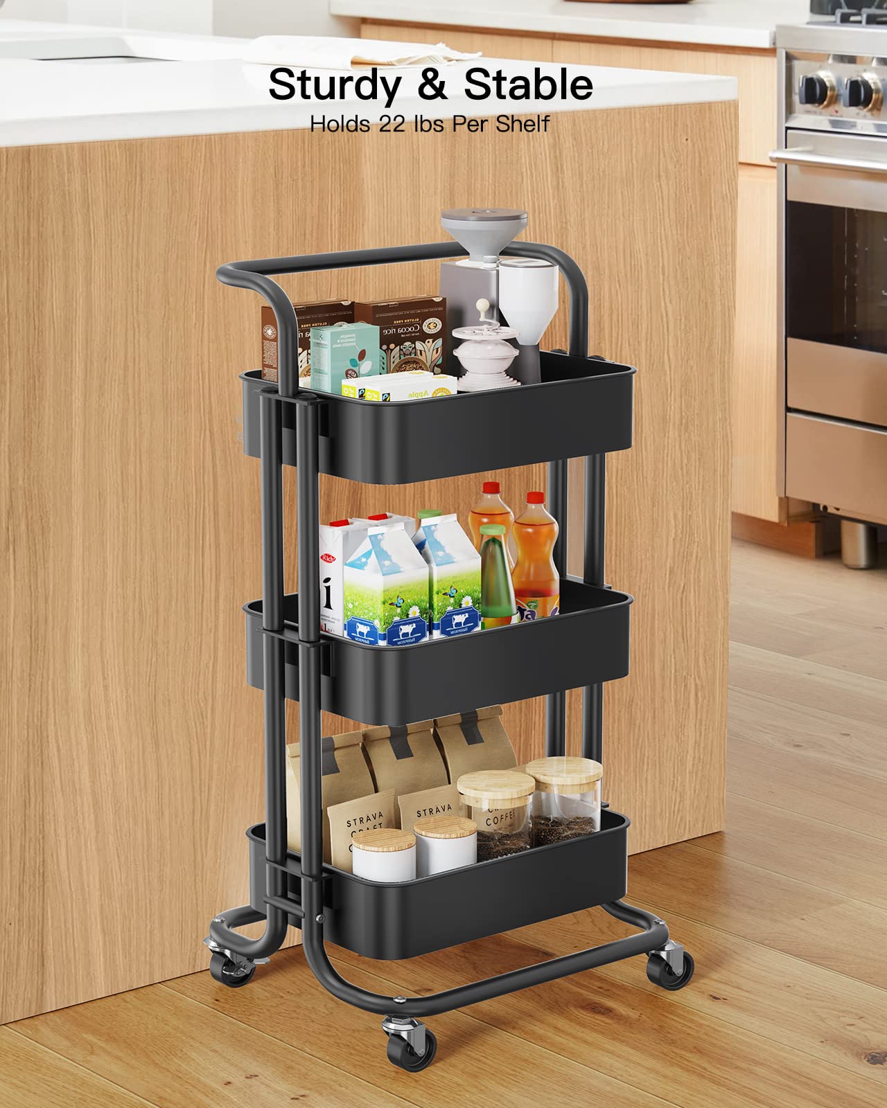 Totnz Rolling Utility Cart, 3-Tier Mesh Organization Cart with Lockable Wheels, Multi-Functional Storage Trolley for Office, Living Room, Kitchen, Laundry, Bathroom Storage, Black (TZUC01B)
