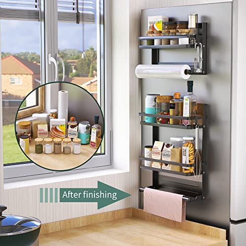 PINNIYOU Magnetic Spice Rack with Paper Towel Holder for Mother's Day Gifts, Magnetic Shelf with 4 Hooks for Refrigerator, 3 Tier Magnetic Fridge Organizer for Kitchen Storage Spices, Pepper, Black