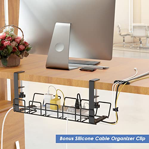 Under Desk Cable Management Tray, No Drill, 15.7'' Under Desk Cord Organizer with Clamp Cable Tray, Metal Under Desk Wire Management Wire Organizer Cord Management Tray for Desk, Classic Black