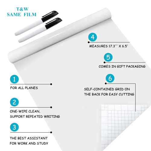 T&W SAME FILM White Board for Wall-Dry Erase Stickers-2 Dry Erase Markers Fine Tip Included-Adhesive Whiteboard for Wall,Desk,Door,Glass,Refrigerator（17.3‘’X78.7'' White）