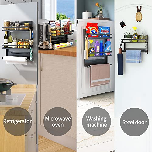 PINNIYOU Magnetic Spice Rack with Paper Towel Holder for Mother's Day Gifts, Magnetic Shelf with 4 Hooks for Refrigerator, 3 Tier Magnetic Fridge Organizer for Kitchen Storage Spices, Pepper, Black