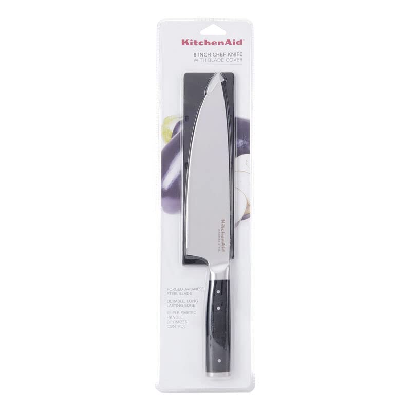 KitchenAid Gourmet Forged Triple Rivet Chef Knife with Custom-Fit Blade Cover, 8-inch, Sharp Kitchen Knife, High-Carbon Japanese Stainless Steel Blade, Black