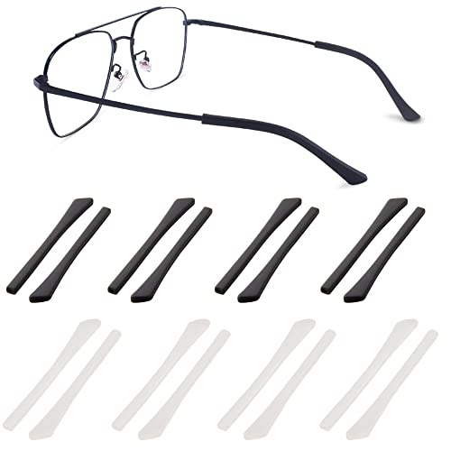 Junsika Eyeglass Temple End Tips Soft Silicone Anti Slip Eyeglass Replacement Temples for Flat Thin Eyeglass Legs 8 Pairs Black