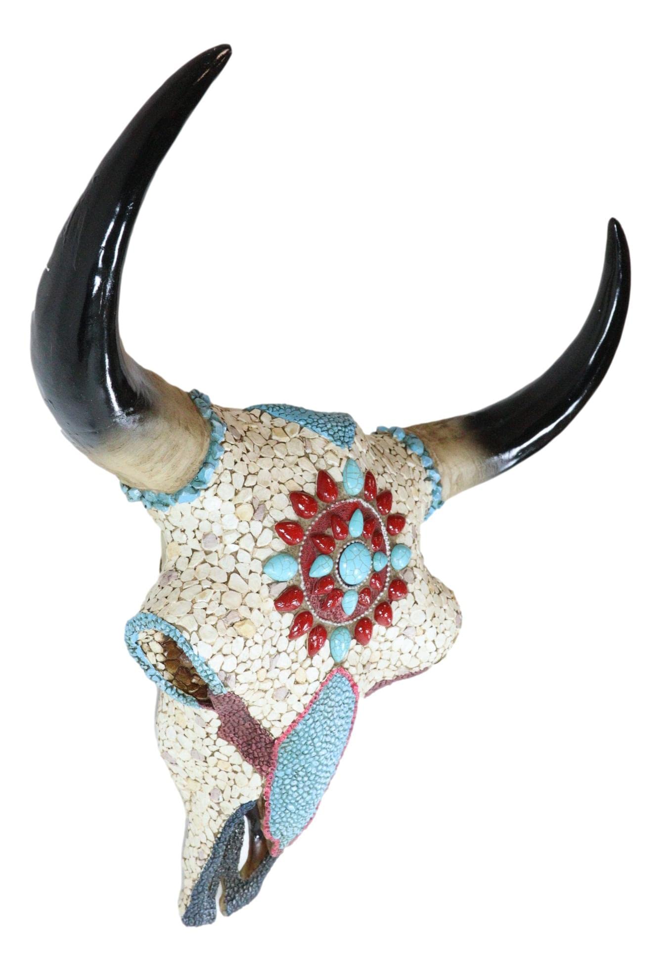 Ebros Gift 16.5" High Large Western Southwest Steer Bison Buffalo Bull Cow Skull Head with Mosaic Turquoise and Red Aztec Sun Teardrop Gems Design Wall Mount Decor Native Indian Accent Skulls