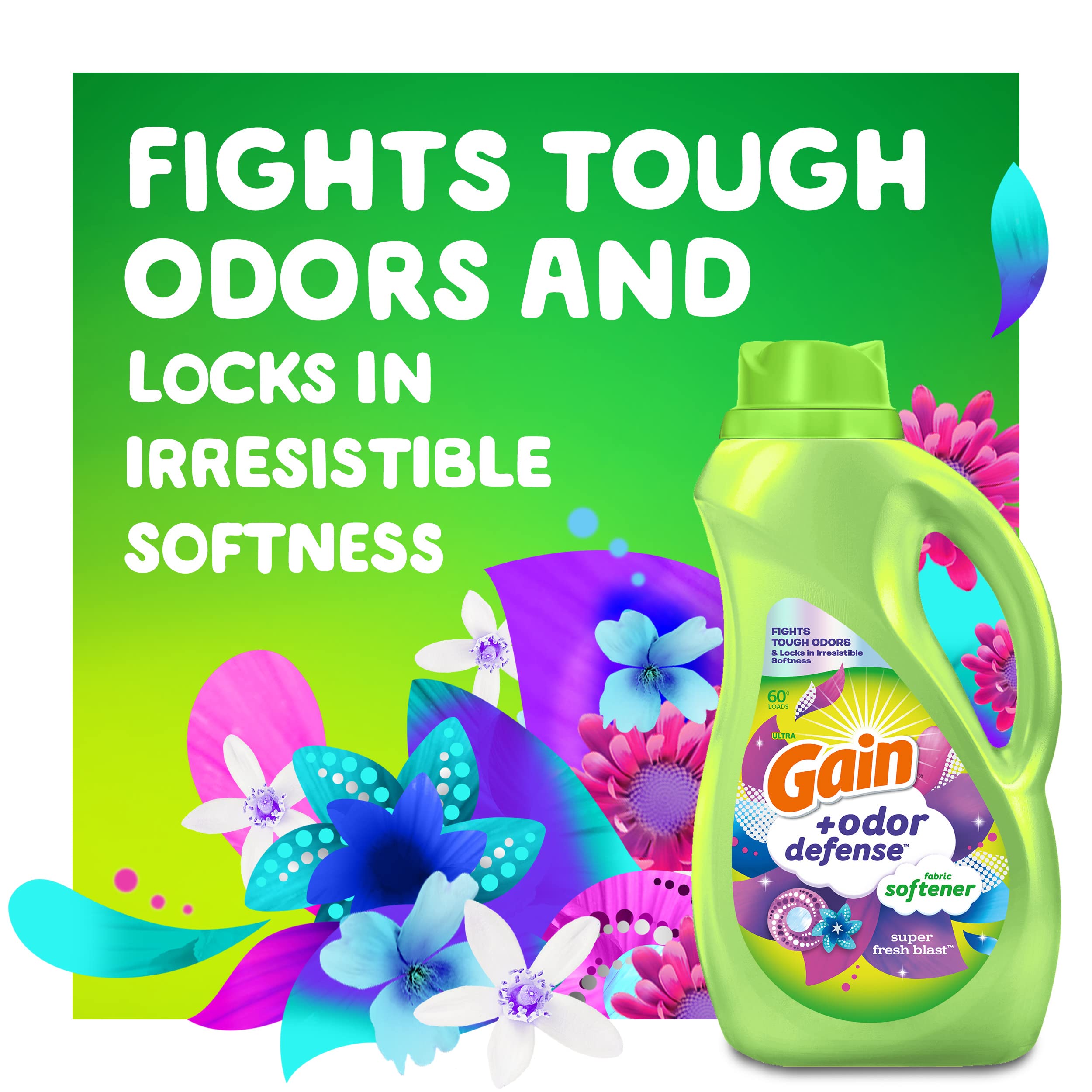 Gain + Odor Defense Laundry Fabric Softener Liquid, Super Fresh Blast Scent, Pack Of 4 (48 Loads Ea, 192 Total), He Compatible