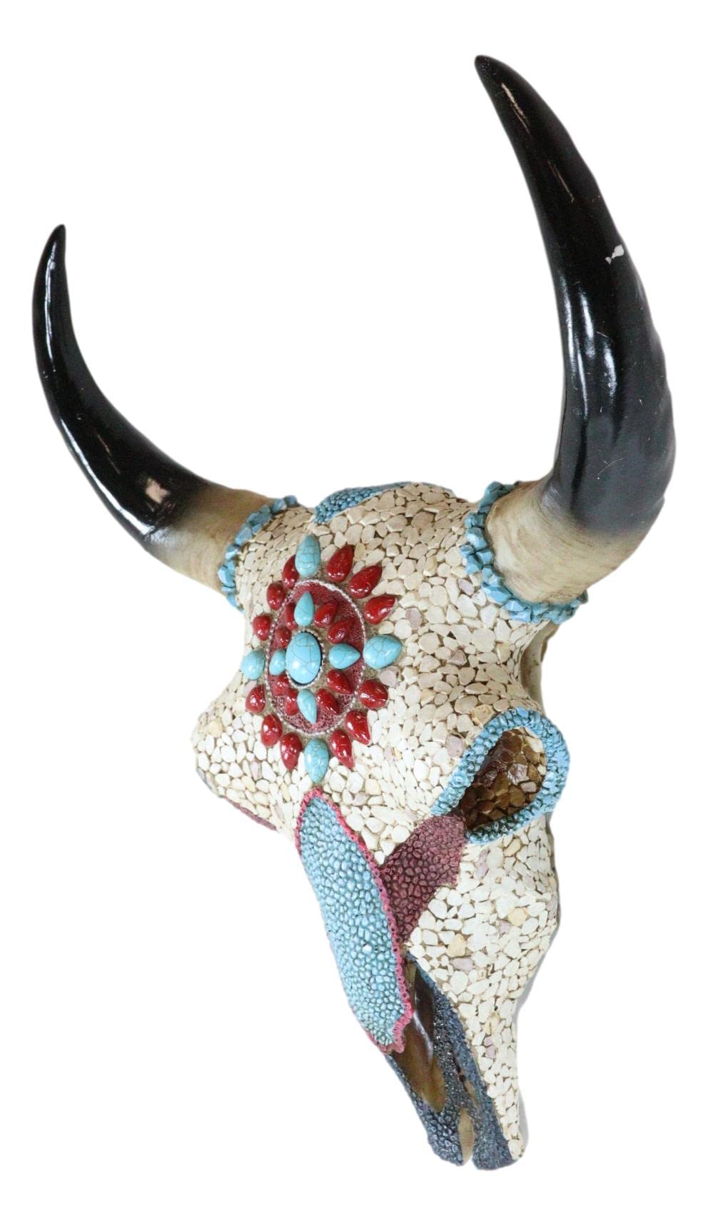 Ebros Gift 16.5" High Large Western Southwest Steer Bison Buffalo Bull Cow Skull Head with Mosaic Turquoise and Red Aztec Sun Teardrop Gems Design Wall Mount Decor Native Indian Accent Skulls