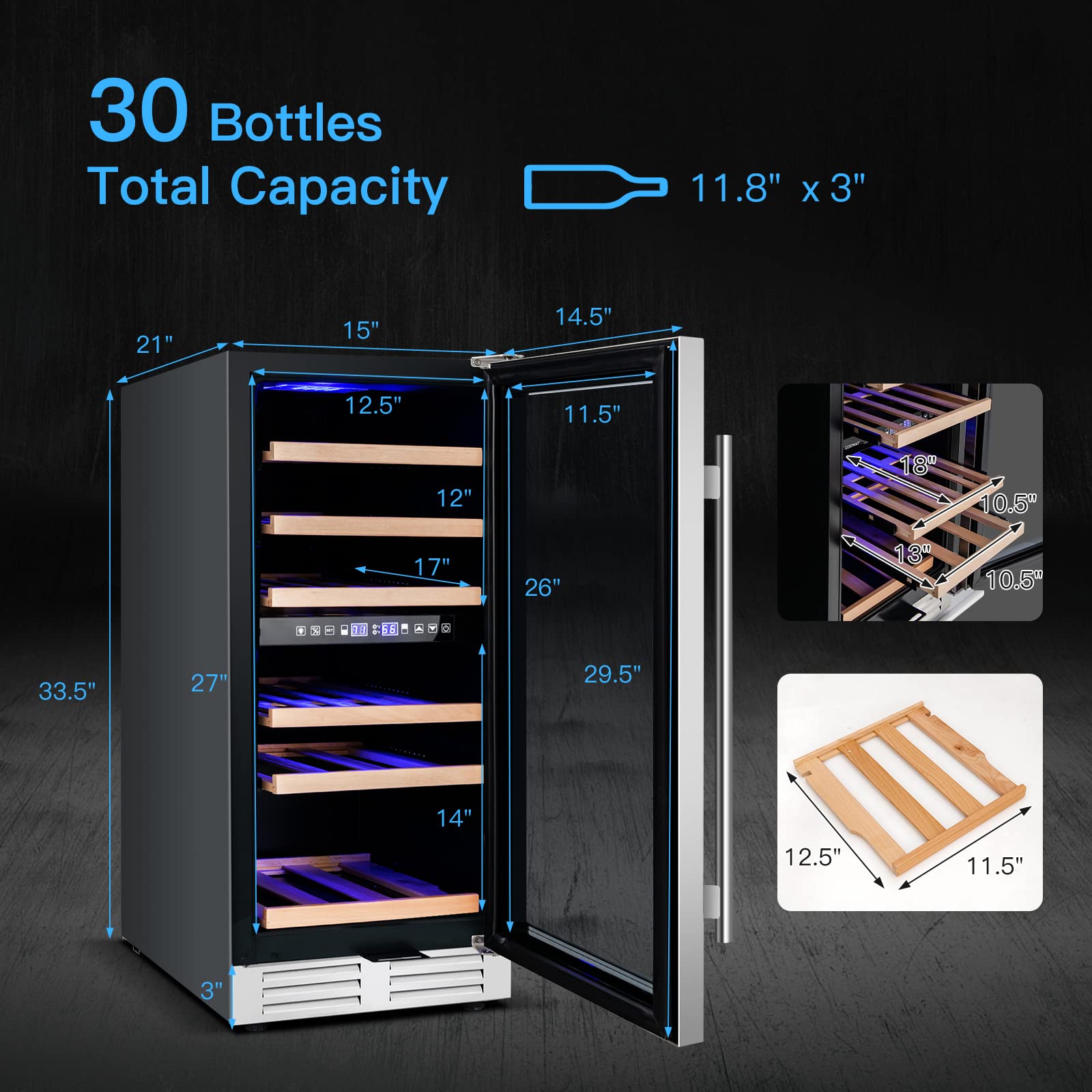 PETSITE 30 Bottle Wine Cooler Refrigerator, 15 Inch Built-in & Freestanding Beverage Fridge Cellar with Dual Temperature Zone & Temp Memory Function for Standard & Large Bottles
