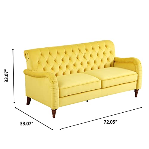Melpomene Chesterfield-Styled 3 Seater Sofa Couch, Modern 72" Velvet Sofa with Button Tufting, Unique Arm and Wood Legs,Yellow