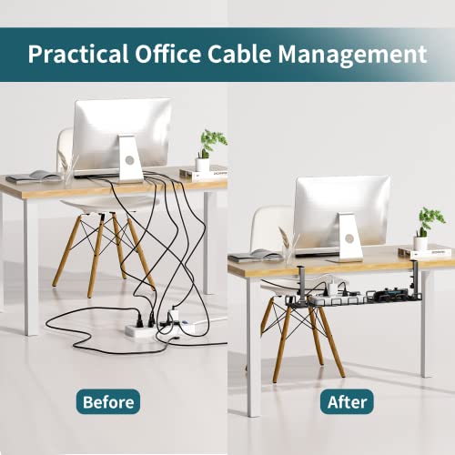 Under Desk Cable Management Tray No Drill, 25'' Large Capacity Desk Wire Organizer Rack, Sturdy Metal Under Desk Cord Management with Clamp for Offices and Home
