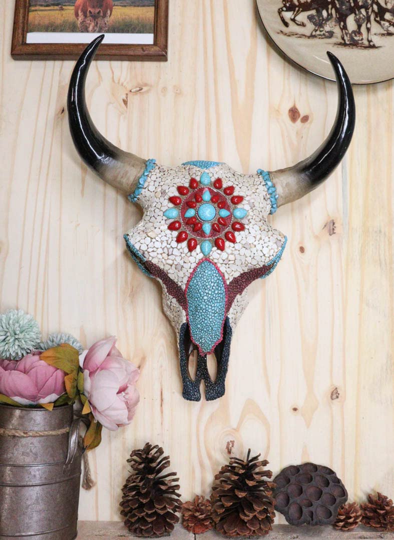 Ebros Gift 16.5" High Large Western Southwest Steer Bison Buffalo Bull Cow Skull Head with Mosaic Turquoise and Red Aztec Sun Teardrop Gems Design Wall Mount Decor Native Indian Accent Skulls