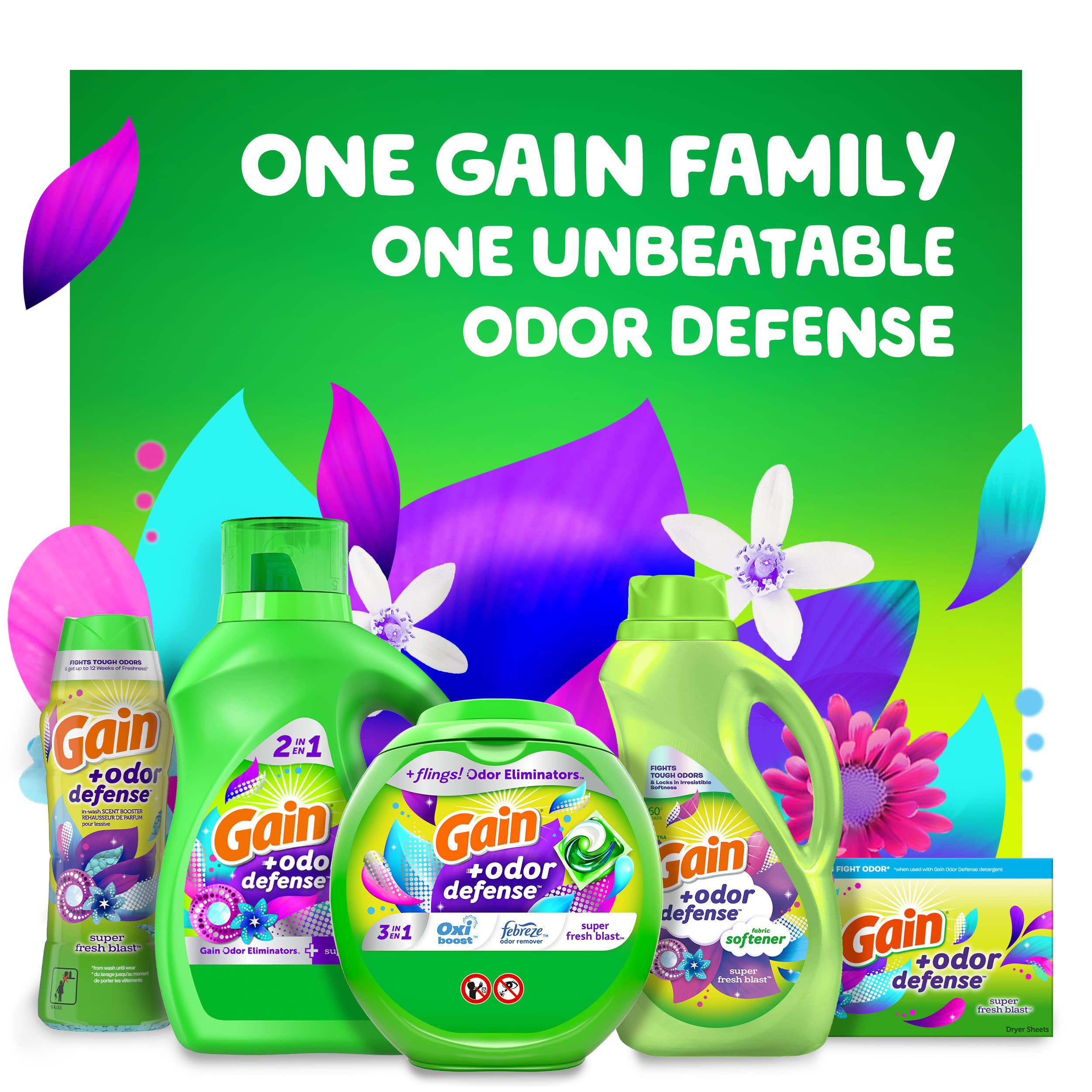 Gain + Odor Defense Laundry Fabric Softener Liquid, Super Fresh Blast Scent, Pack Of 4 (48 Loads Ea, 192 Total), He Compatible