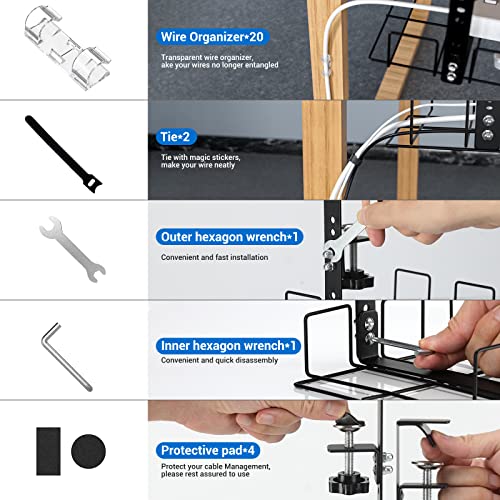 Under Desk Cable Management Tray - No Drill Clamp Mount Steel Cords Organizers - 15.7β High Capacity Adjustable Removable Docking Station Wires Holder Rack - Home Office Kitchen Table Raceway -1pc
