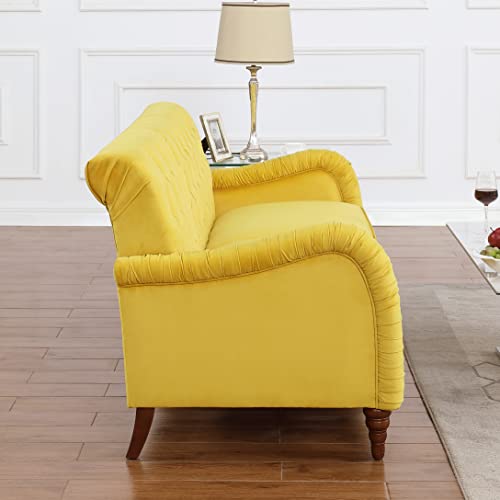 Melpomene Chesterfield-Styled 3 Seater Sofa Couch, Modern 72" Velvet Sofa with Button Tufting, Unique Arm and Wood Legs,Yellow