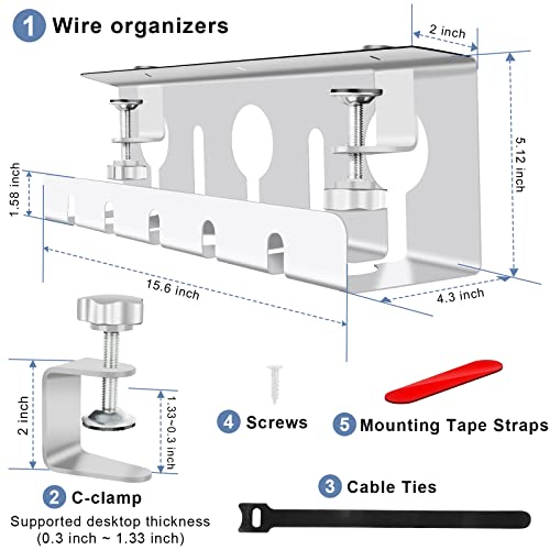 Under Desk Cable Management Tray - No Damage to Desk, Perfect Standing Desk Cable Management, Quszmd Under Table Cable Management Upgraded No Drill,Clamp Install Desk Cord Organizer Rack