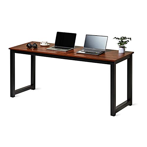 USHOW Computer Desk 63" Modern Simple Style for Home Office Bedroom Black Metal Frame and Large Workstation, Sandalwood Board Black Leg, Dark Rustic,Sandalwood