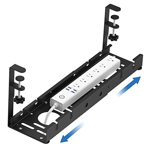 Under Desk Cable Management Tray, ARUQO Retractable Cord Organizer for Desk, No Drill Cable Tray Basket for Wire Management, Sturdy Metal Cable Management Under Desk with Clamp for Home Office