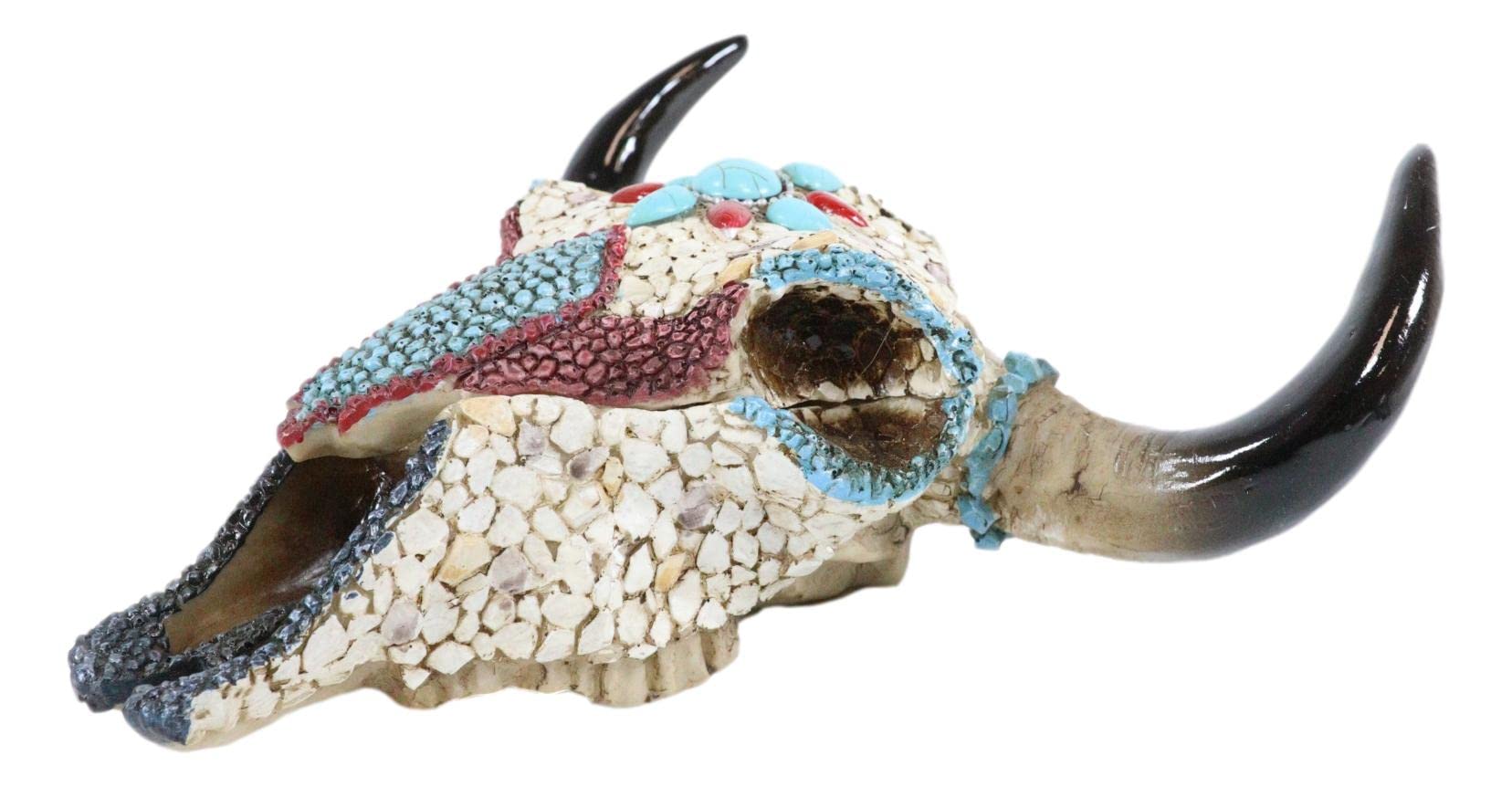 Ebros Gift Western Southwest Steer Bison Buffalo Bull Cow Skull With Mosaic Turquoise and Red Aztec Sun Teardrop Gems Decorative Jewelry Trinket Box Figurine Accent Macabre Ossuary Accent