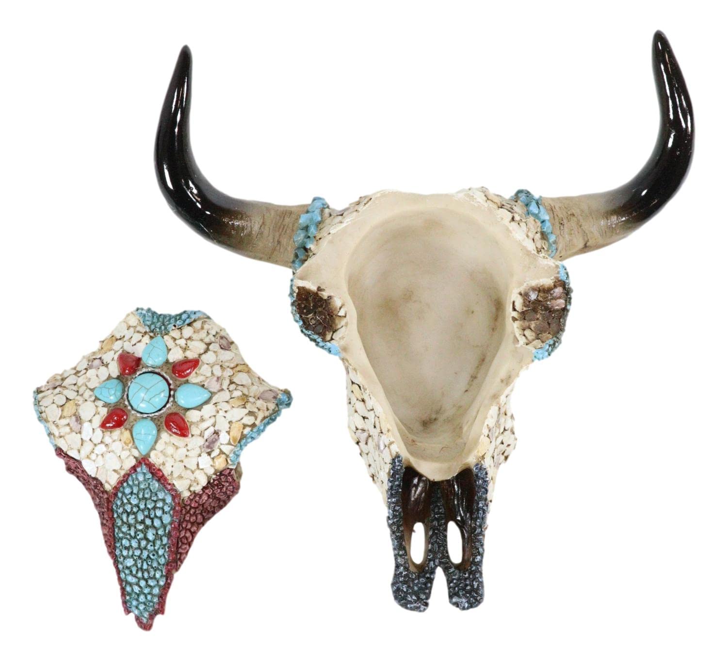Ebros Gift Western Southwest Steer Bison Buffalo Bull Cow Skull With Mosaic Turquoise and Red Aztec Sun Teardrop Gems Decorative Jewelry Trinket Box Figurine Accent Macabre Ossuary Accent