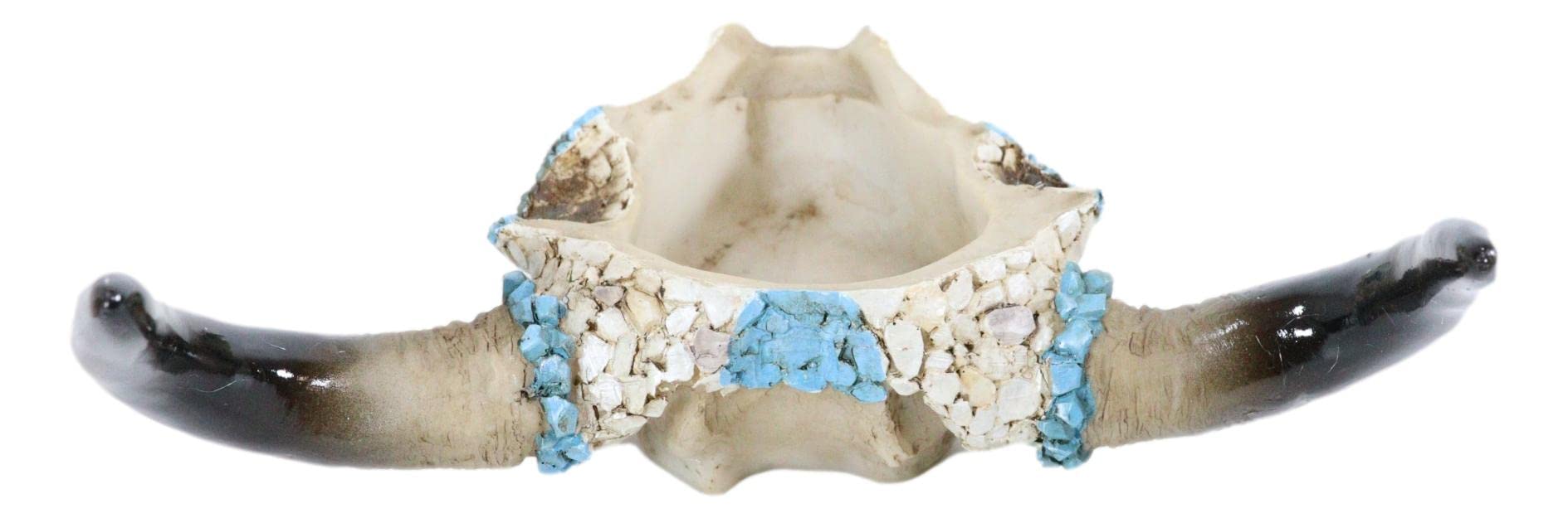 Ebros Gift Western Southwest Steer Bison Buffalo Bull Cow Skull With Mosaic Turquoise and Red Aztec Sun Teardrop Gems Decorative Jewelry Trinket Box Figurine Accent Macabre Ossuary Accent