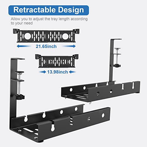 Under Desk Cable Management Tray, ARUQO Retractable Cord Organizer for Desk, No Drill Cable Tray Basket for Wire Management, Sturdy Metal Cable Management Under Desk with Clamp for Home Office
