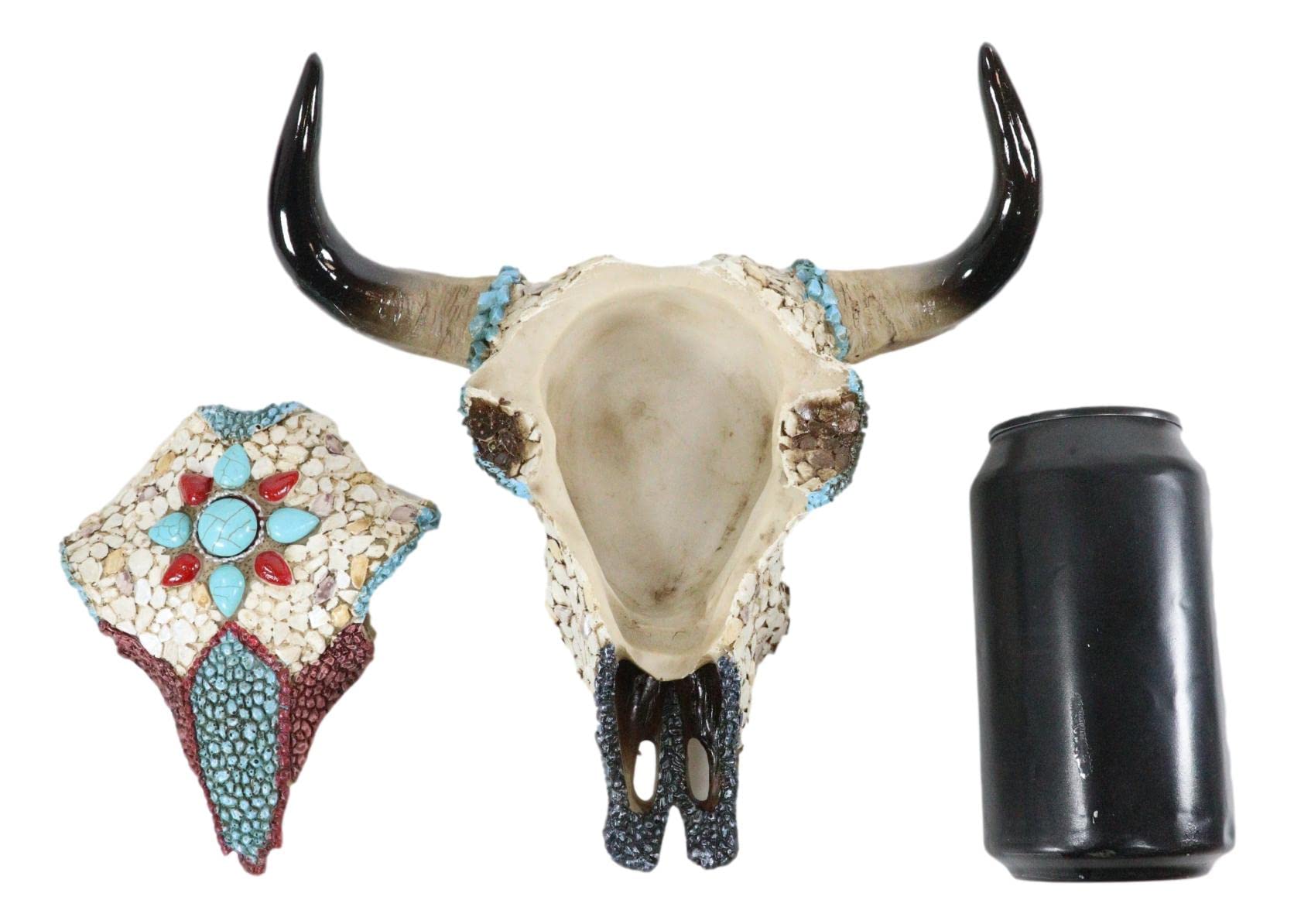 Ebros Gift Western Southwest Steer Bison Buffalo Bull Cow Skull With Mosaic Turquoise and Red Aztec Sun Teardrop Gems Decorative Jewelry Trinket Box Figurine Accent Macabre Ossuary Accent
