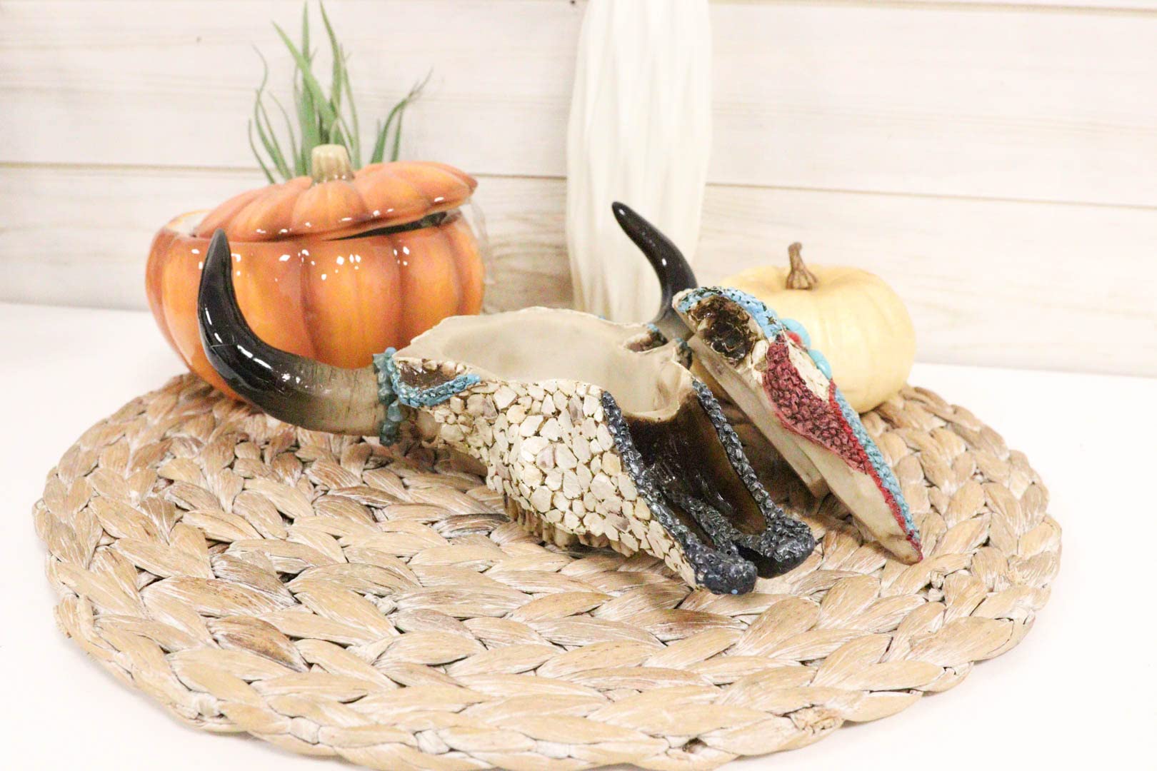 Ebros Gift Western Southwest Steer Bison Buffalo Bull Cow Skull With Mosaic Turquoise and Red Aztec Sun Teardrop Gems Decorative Jewelry Trinket Box Figurine Accent Macabre Ossuary Accent