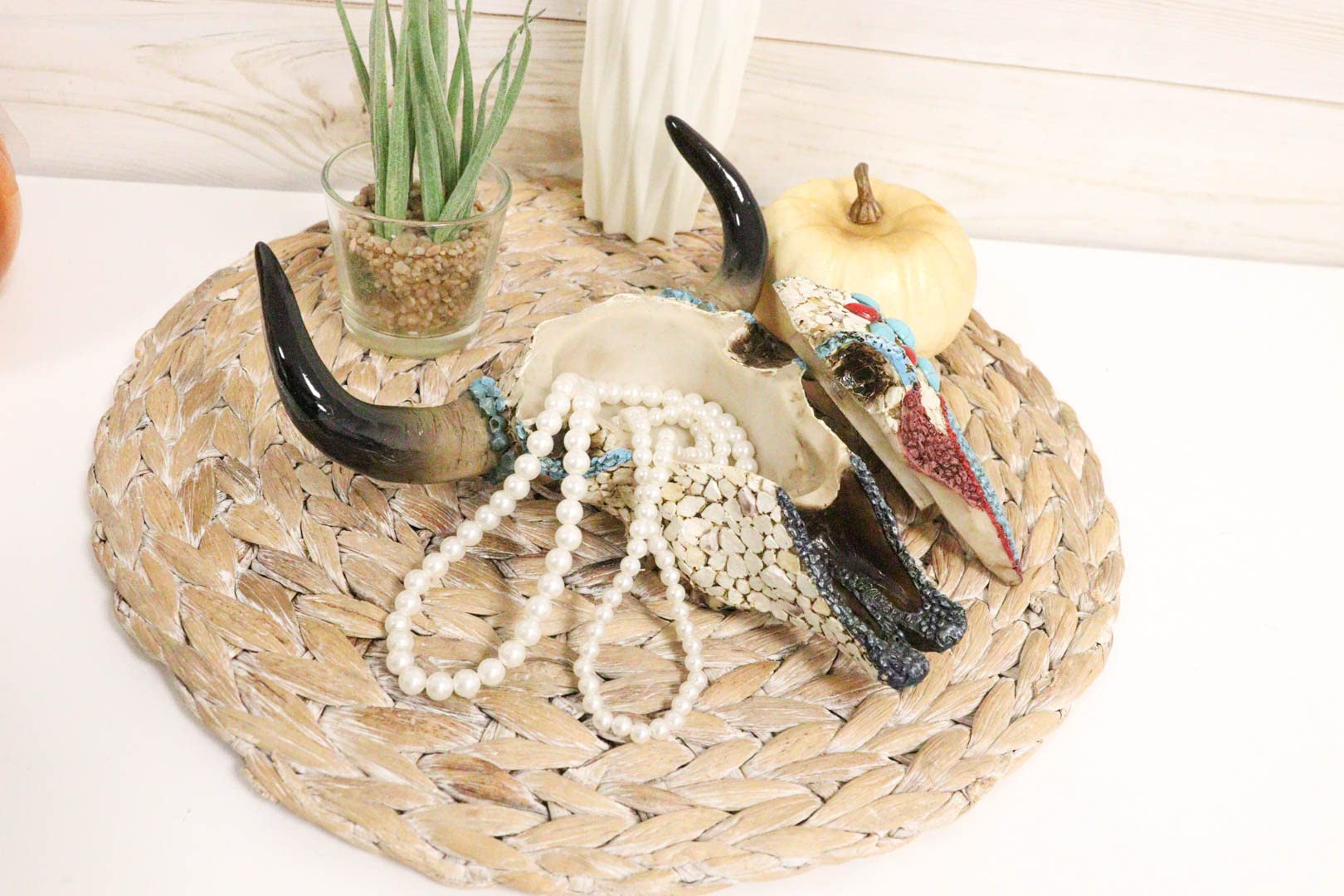 Ebros Gift Western Southwest Steer Bison Buffalo Bull Cow Skull With Mosaic Turquoise and Red Aztec Sun Teardrop Gems Decorative Jewelry Trinket Box Figurine Accent Macabre Ossuary Accent
