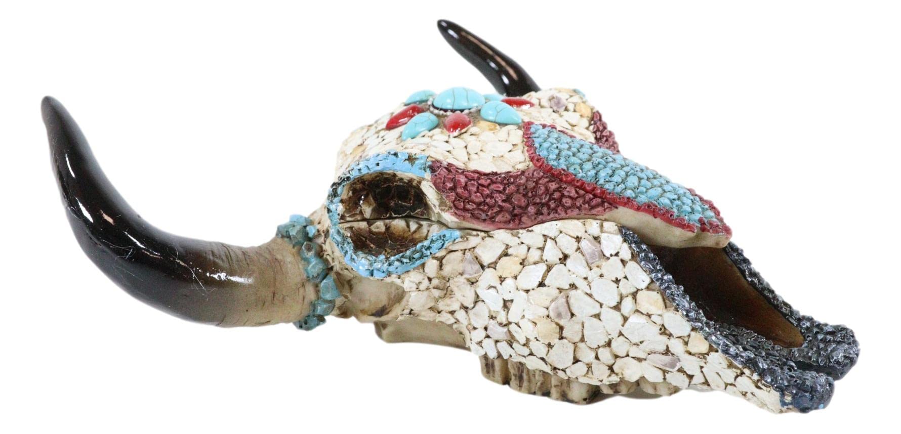 Ebros Gift Western Southwest Steer Bison Buffalo Bull Cow Skull With Mosaic Turquoise and Red Aztec Sun Teardrop Gems Decorative Jewelry Trinket Box Figurine Accent Macabre Ossuary Accent