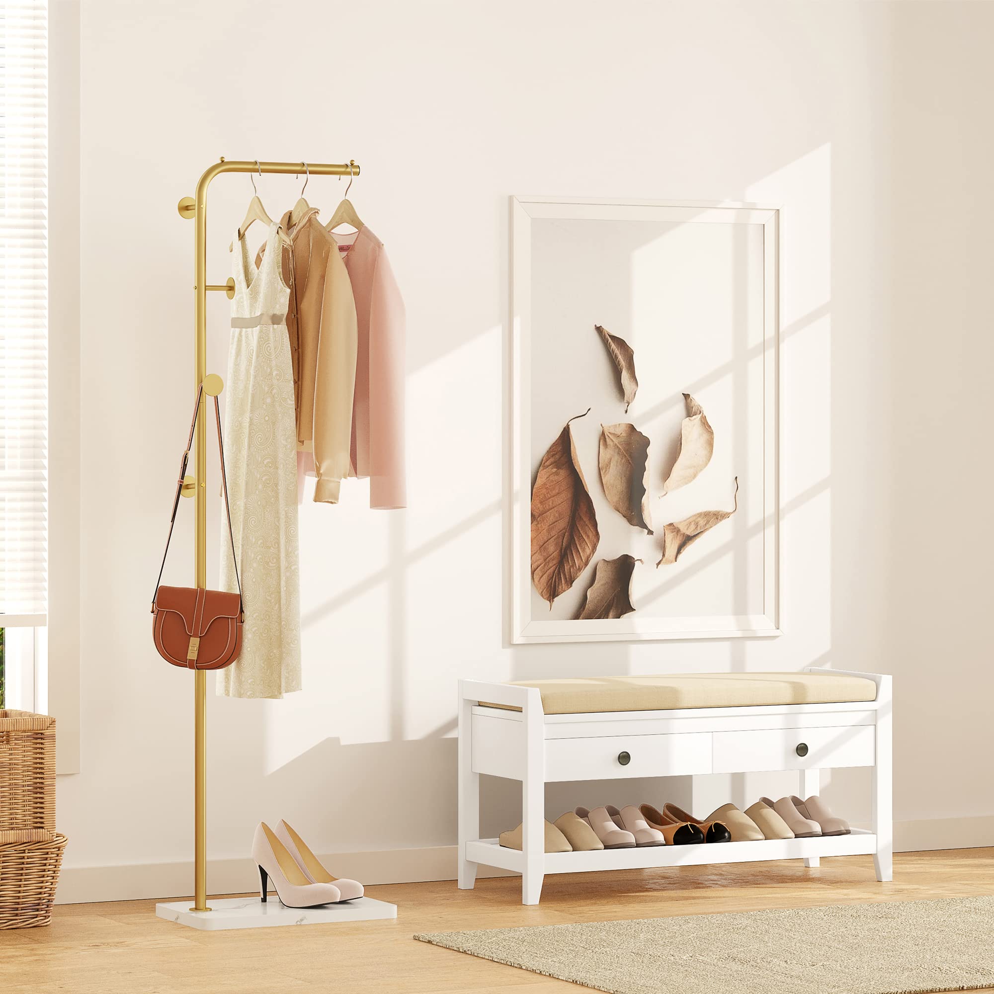 HOMEFORT Metal Coat Rack, Modern Coat Tree with 3 Hooks, L Shaped Coat Hanger Stand, Freestanding Coat Rack for Entryway and Corner, Gold