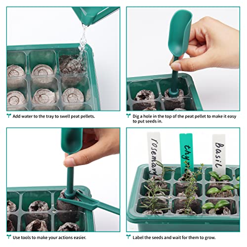 LAWNFUL Illuminated Seed Starter Tray Kit: 60 Peat Pellets + 4 Pack Germination Trays with Grow Light & Humidity Dome + 80 Plant Labels + Scissor + Gardening Tools Seedling Boxes Set