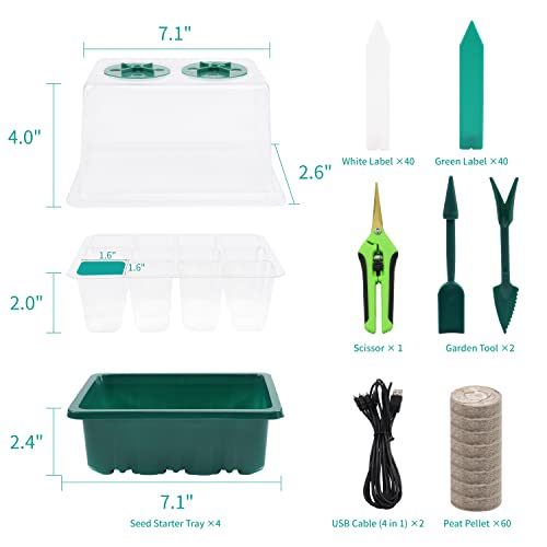 LAWNFUL Illuminated Seed Starter Tray Kit: 60 Peat Pellets + 4 Pack Germination Trays with Grow Light & Humidity Dome + 80 Plant Labels + Scissor + Gardening Tools Seedling Boxes Set
