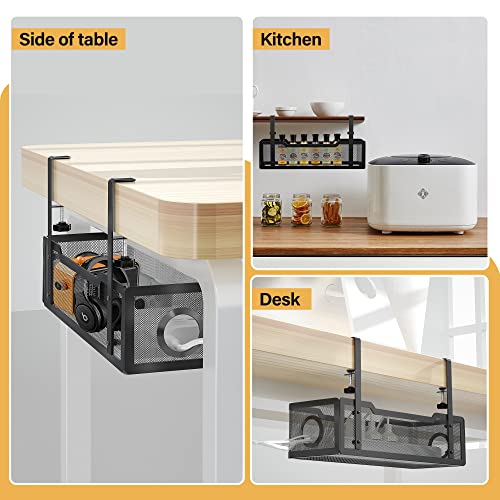 Under Desk Cable Management Tray Black, Cinati Cable Management Under Desk No Drill, Cable Tray with Clamp for Desk Wire Management,Desk Cable Management Box for Office, Home - No Damage to Desk