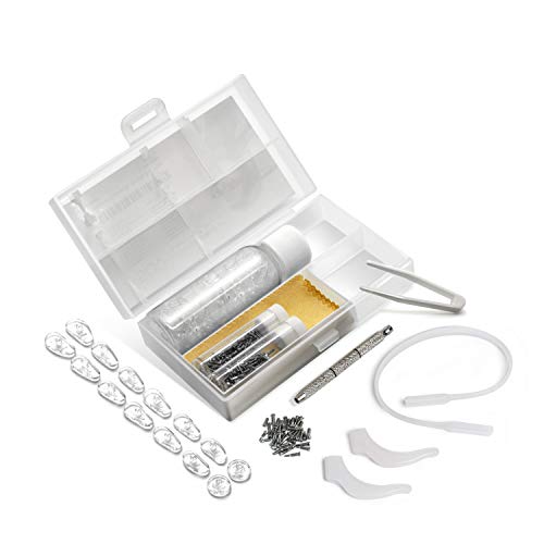 Eyeglass and Sunglass Repair Kit by SQV - Most Complete Glasses Family Kit - 5 Types of Mini Screws, Tweezers, Screwdriver, 7 Styles of Nose Pads, Lens Cleaner, Anti-Slip Strap & Temple Tips (Basic)