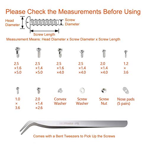 HQMaster 1100Pcs Eyeglass Glasses Spectacles Tiny Screws Nut Washer Assortment + 5 Pairs Nose Pads Repair Tool Kit Set with Tweezer Micro Screwdriver (Rectangular Case)