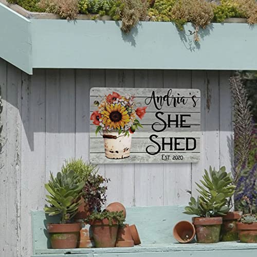 Personalized She Shed Metal Sign with Wood Look,Sun Flower Home Decor Wall Art Shed Accessories